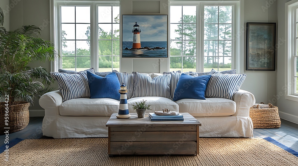 A classic Cape Cod living room featuring traditional sofas with blue ...