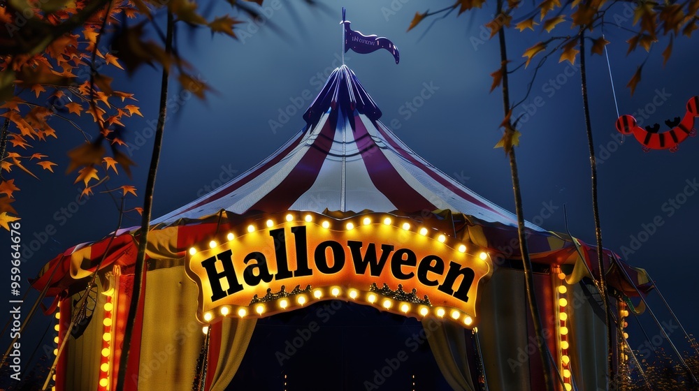 Sinister circus tent with eerie lights, "Halloween" written in a creepy ...
