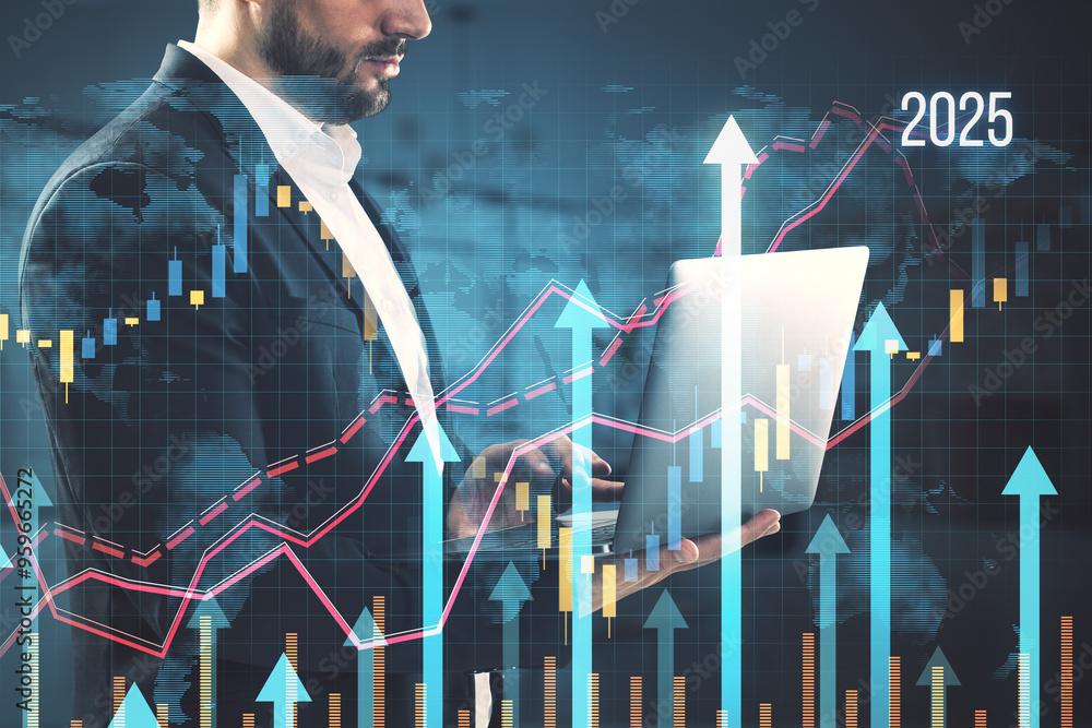 Side view of headless young businessman using laptop with growing ...