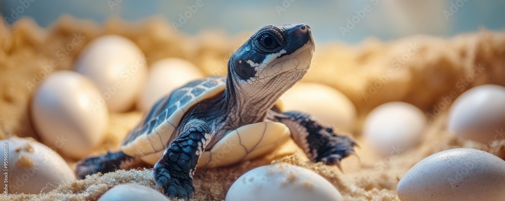 The baby turtles have long necks and short hind legs with sharp claws ...