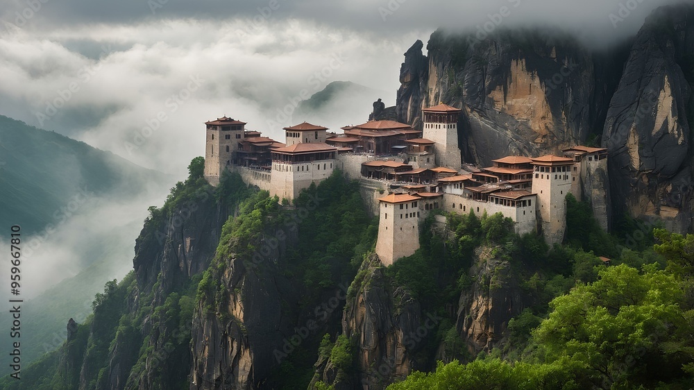 Mystical mountain monasteries. Ancient stone structures on jagged ...