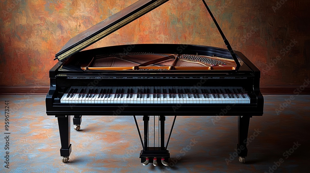Artistic depiction of a grand piano, infused with energetic colors and ...