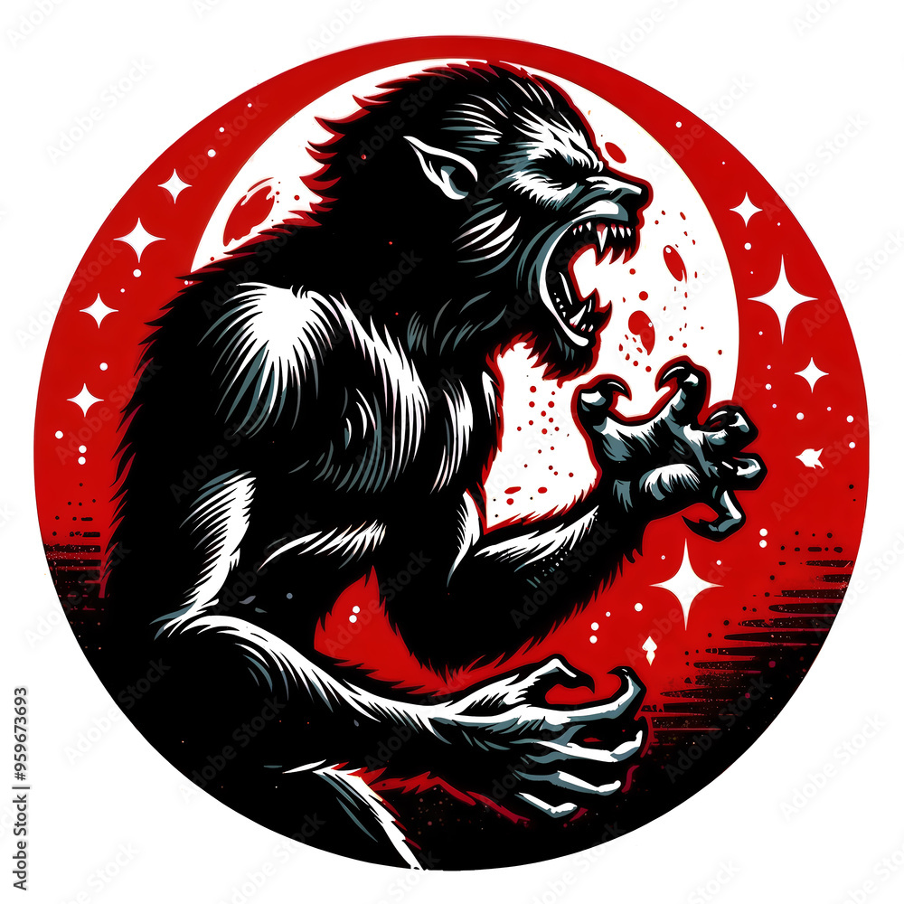 Vintage-style illustration of a fierce werewolf transforming under the ...