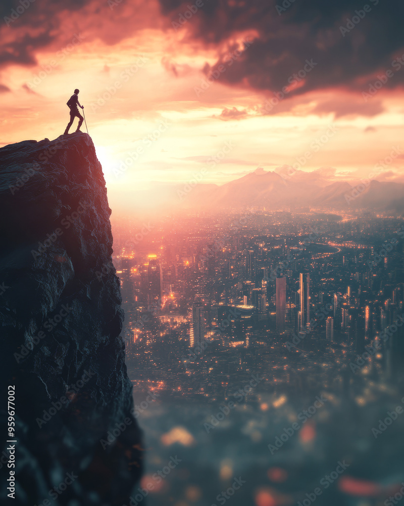 Person standing on cliff edge overlooking sunset cityscape. Stunning ...