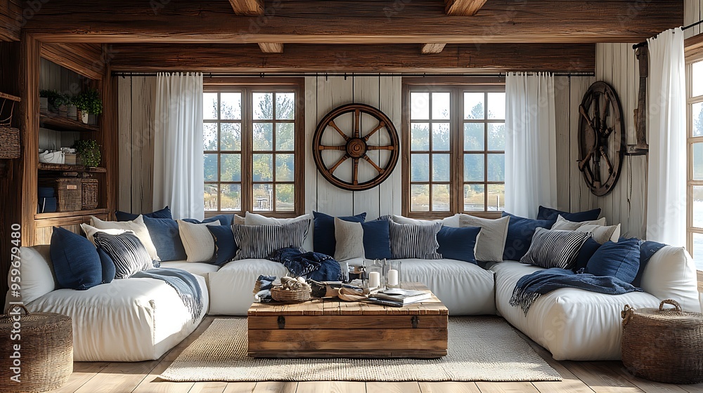 Nautical-themed living room featuring navy and white striped sofas ...
