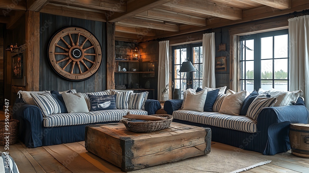 Nautical-themed living room featuring navy and white striped sofas ...