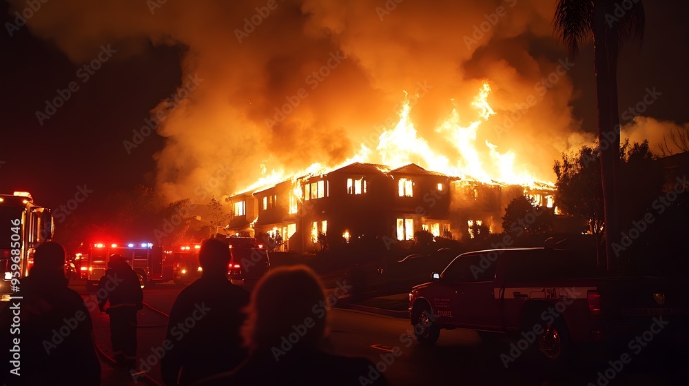 A burning house in a suburban street, panicked residents watching in ...