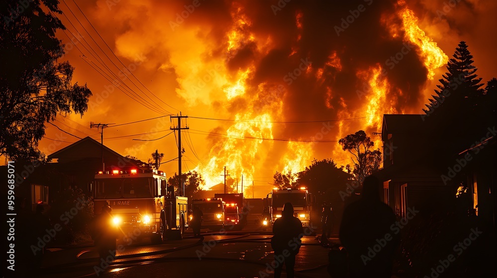 A burning house in a suburban street, panicked residents watching in ...