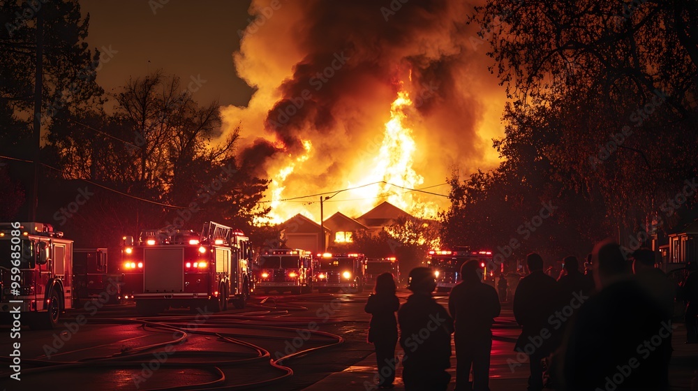 A burning house in a suburban street, panicked residents watching in ...
