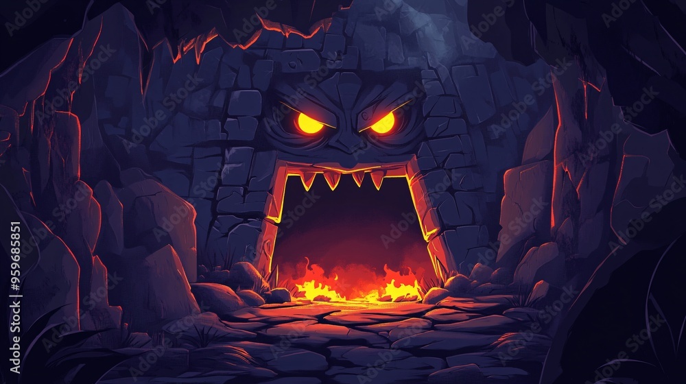 Vector style loading screen featuring a prehistoric cave entrance with ...