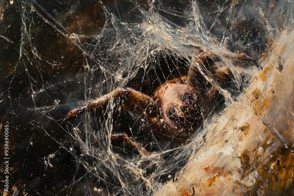 Oil painting depicting a subject ensnared in a cobweb highlighting the ...