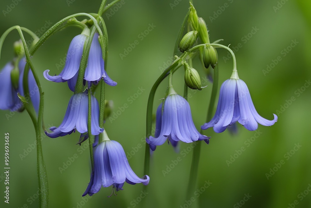 Bluebell flowers with drooping bell shaped blooms and slender leaves ...