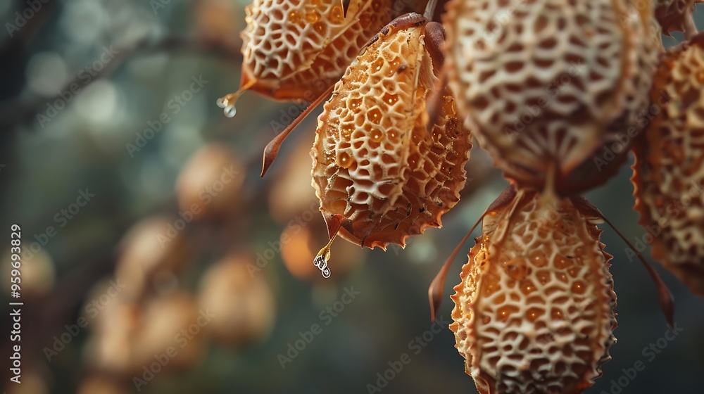 Close-up of sycamore seeds hanging from a tree, with detailed textures ...