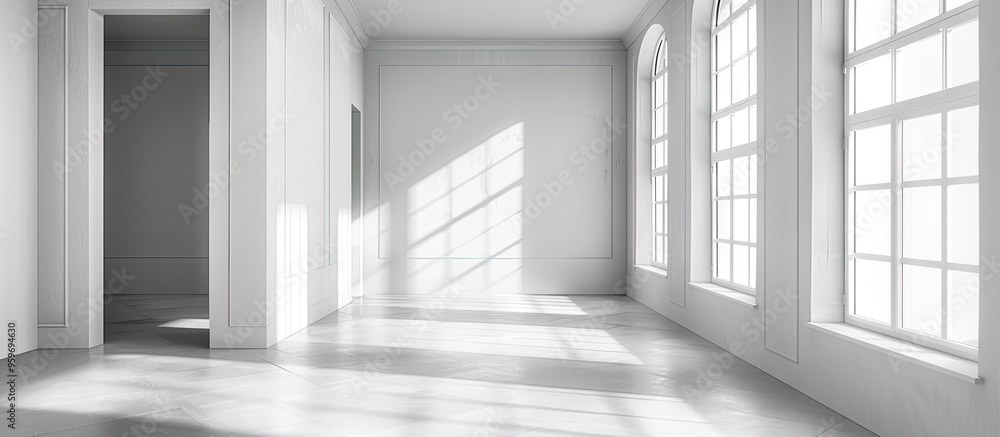 Perspective of a large vacant room featuring blank frames and a window ...