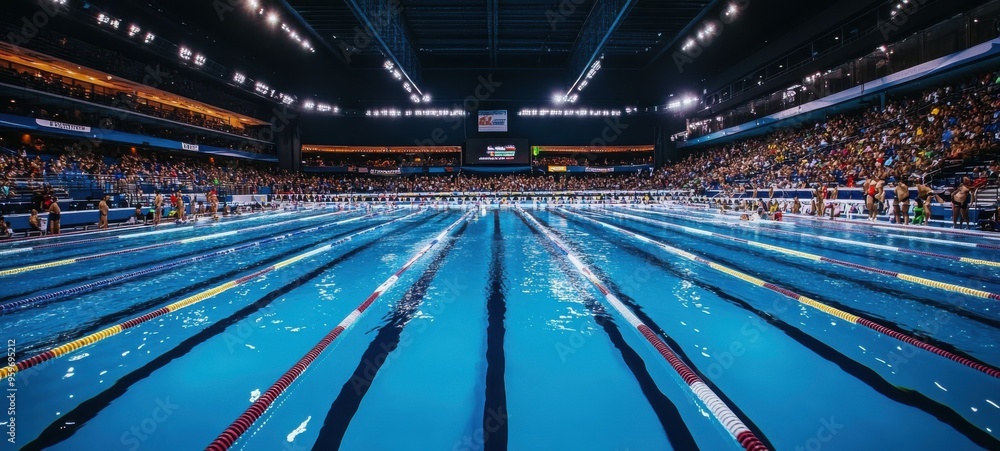 Spectators watch an exciting swimming competition at a well-lit indoor ...