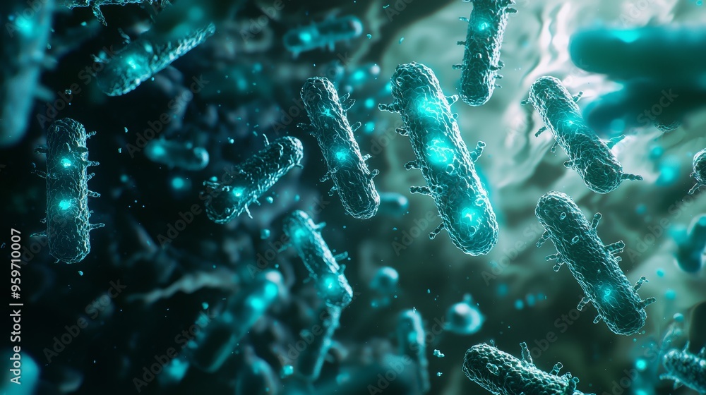 Microscopic view of Legionella bacteria, with rod-shaped cells glowing ...