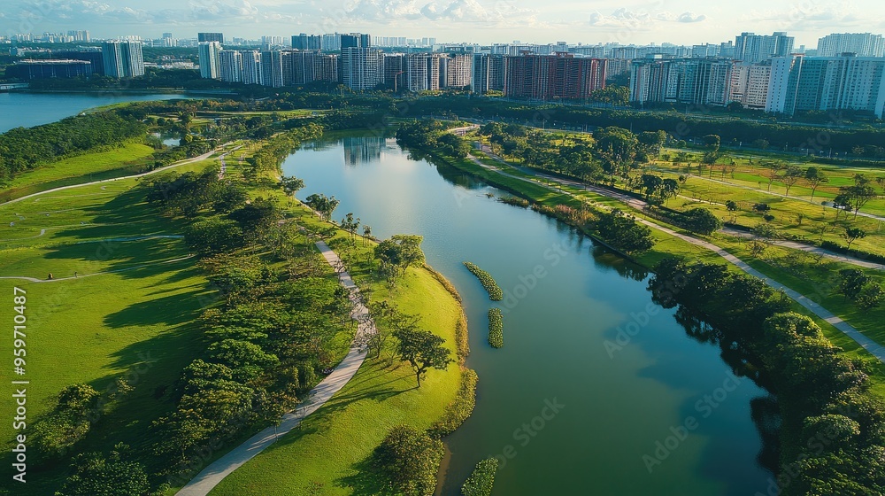 Aerial perspective of the lush green landscapes and waterways of ...