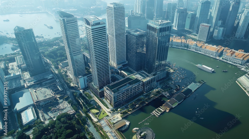 Aerial perspective of the Raffles Place financial district, with its ...