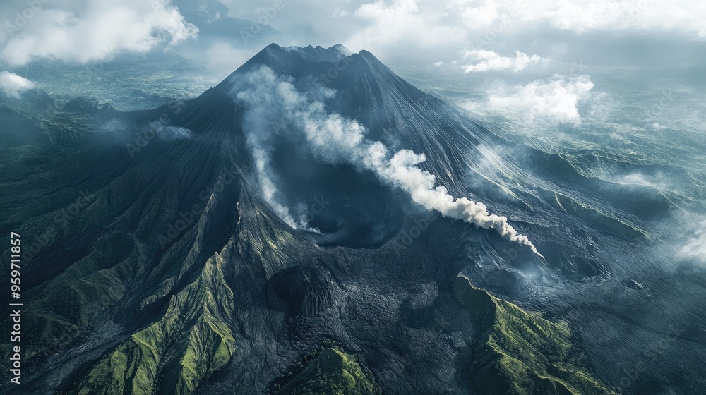 Aerial perspective of the volcanic landscape of Mount Merapi, with its ...