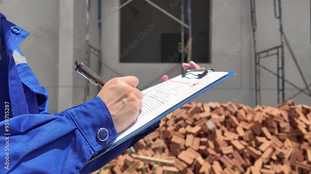 An architect is checking on house building quality checklist form to ...