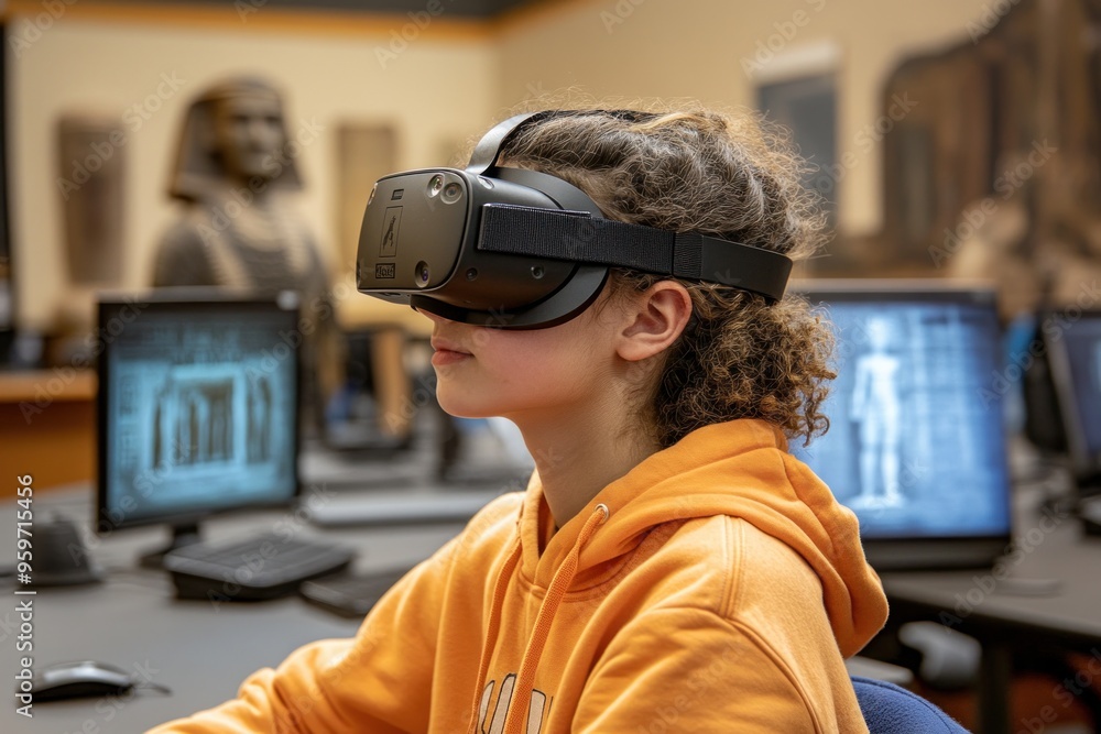 Teenager using virtual reality for an immersive history lesson ...
