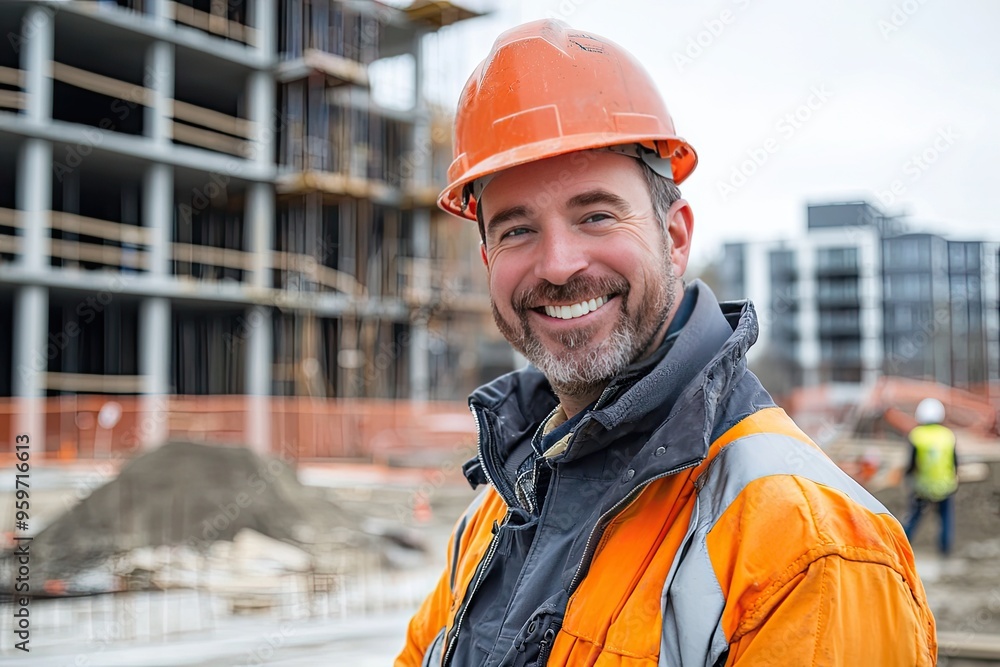 smiling male construction worker wearing a hard hat, standing in front ...