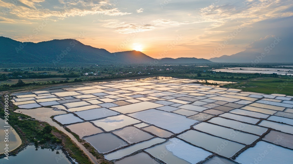 Bird's eye view of Kampot's salt fields, with a grid of white salt pans ...