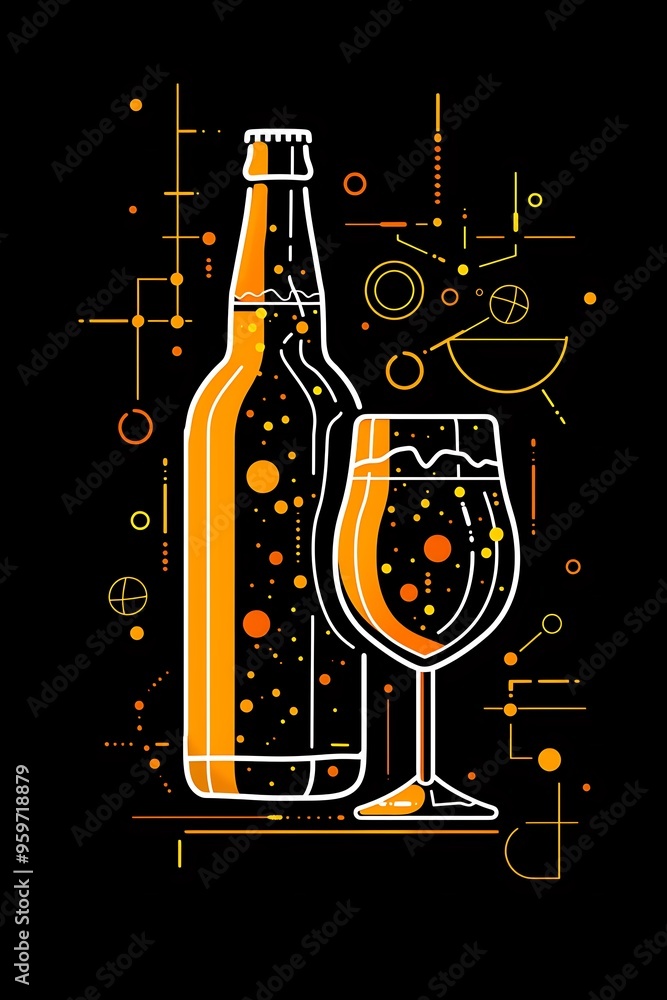 Design of a beer glass and bottle on a black background, graphics ...