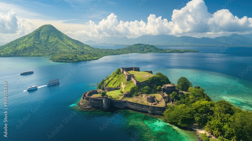 Bird's eye view of the Banda Islands, with their historic forts, clear ...