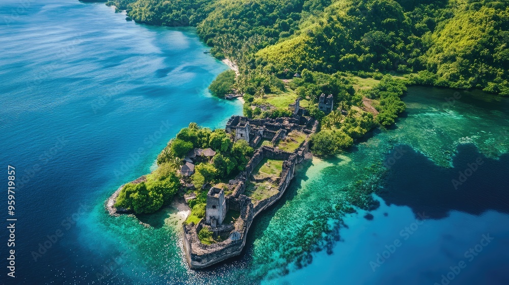 Bird's eye view of the Banda Islands, with their historic forts, clear ...