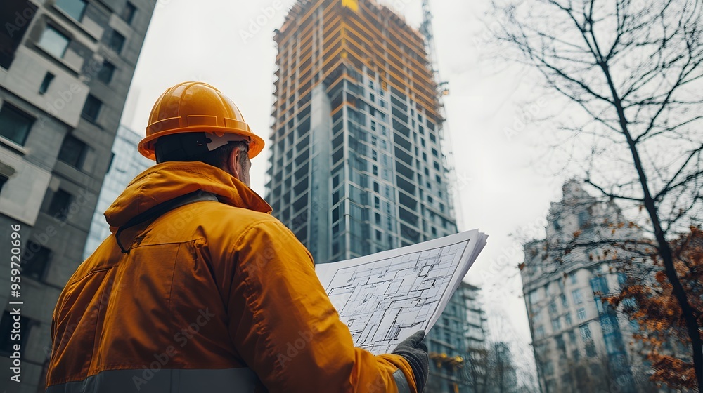 Engineer Reviewing Blueprints in Front of a Skyscraper Construction: A ...
