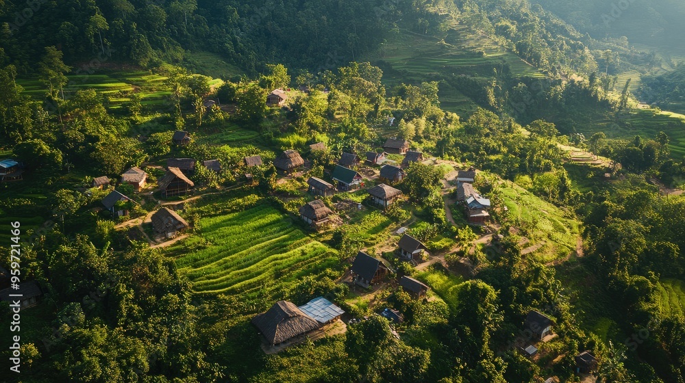 Bird's eye view of the hill tribe villages in Chiang Rai, surrounded by ...