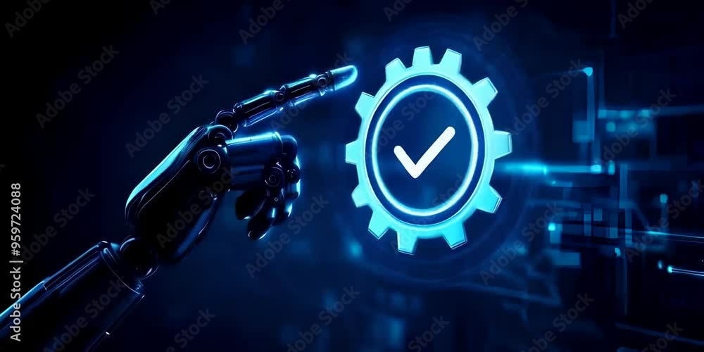 Robot hand pointing at glowing gear and check mark icons showing ...