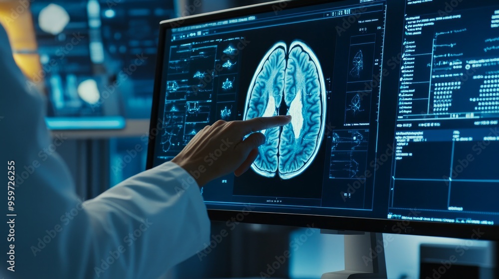 A doctor in an anonymous modern medical research center points at a ...