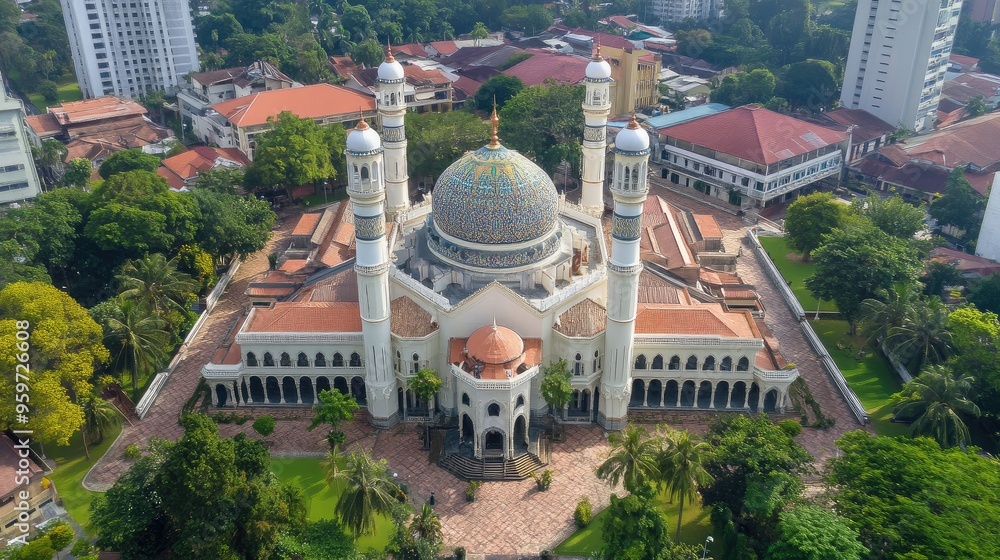 Bird's eye view of the Sultan Abu Bakar Mosque in Johor Bahru, with its ...