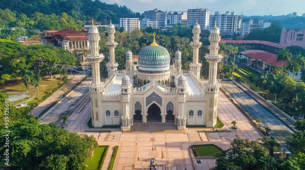 Bird's eye view of the Sultan Abu Bakar Mosque in Johor Bahru, with its ...