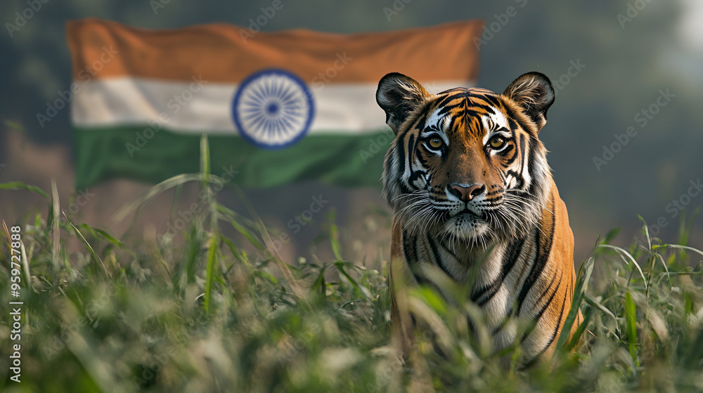 Majestic Bengal tiger against Indian flag backdrop symbolizing national ...