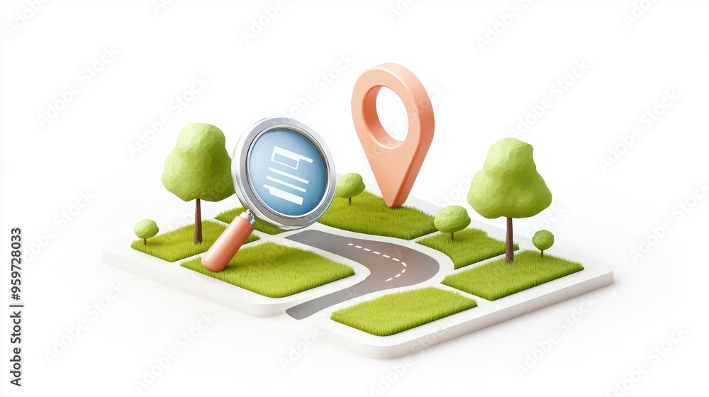 Isometric Map Design with Location Pin and Magnifying Glass ...