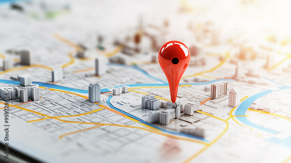 Foto de Red pin is marking a specific location on a 3d city map with ...
