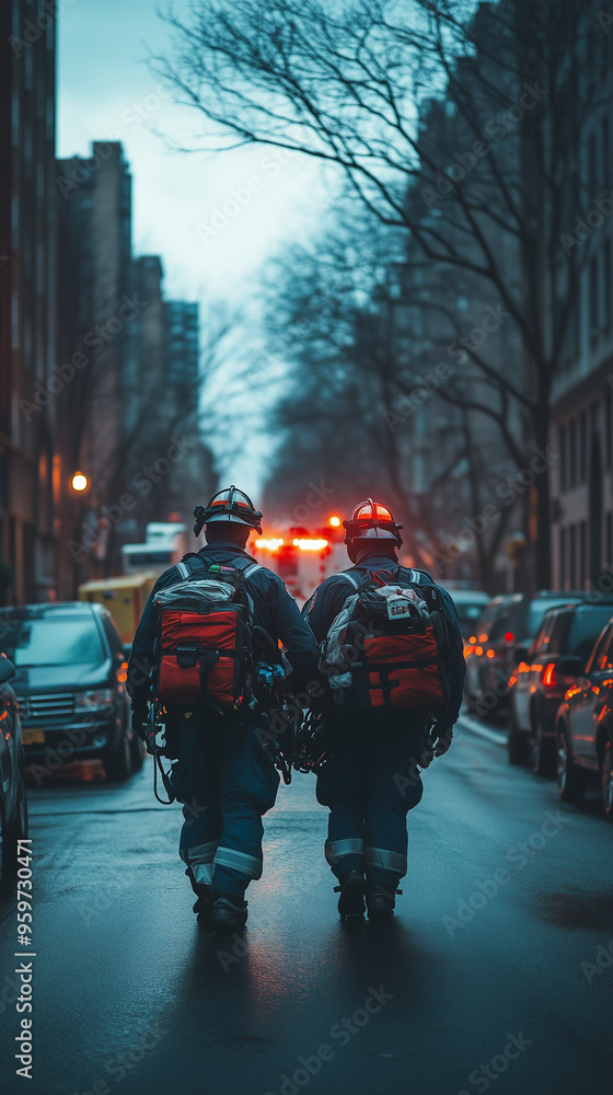 two members of the rescue corps walk through traffic with their ...