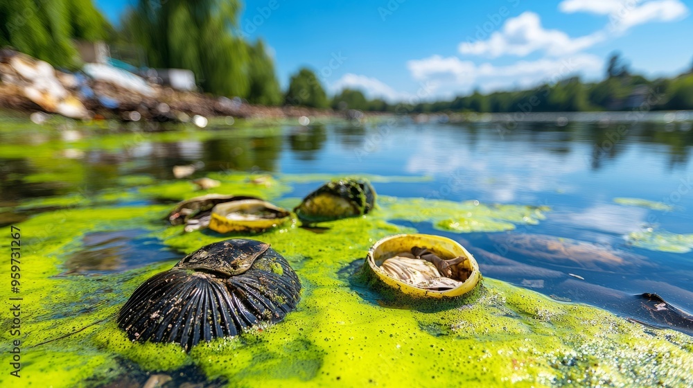 Algal Bloom Devastation: Discolored Lake Water with Dead Aquatic Life ...