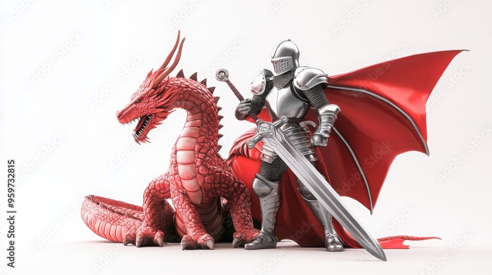 A 3D cartoon knight in shining armor slaying a dragon, the dragon ...