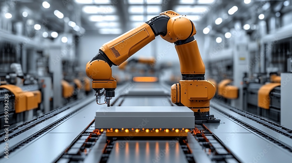Automated Precision on the Assembly Line: An orange robotic arm works ...
