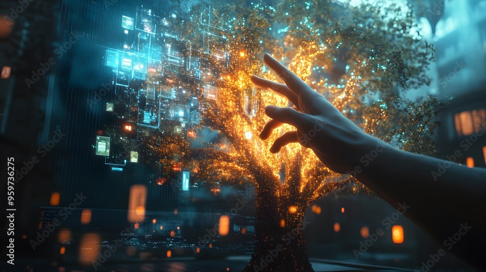 Futuristic Technology Tree with Hand Reaching Out - Digital Growth ...