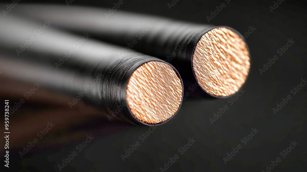 The glistening copper wire of three power cables emerges from the dark ...
