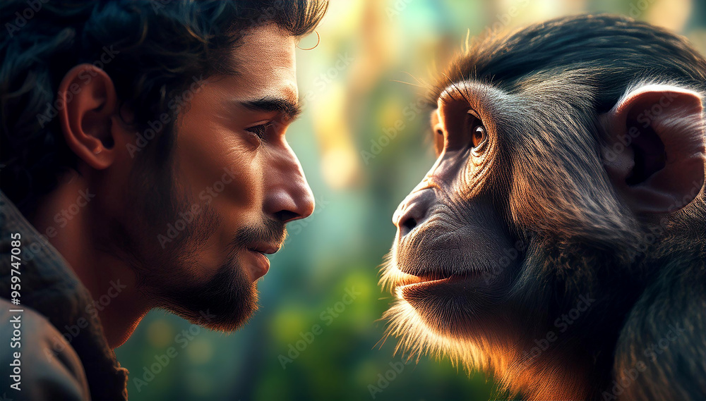 Face to face between a man and a monkey. A man with a beard and ...