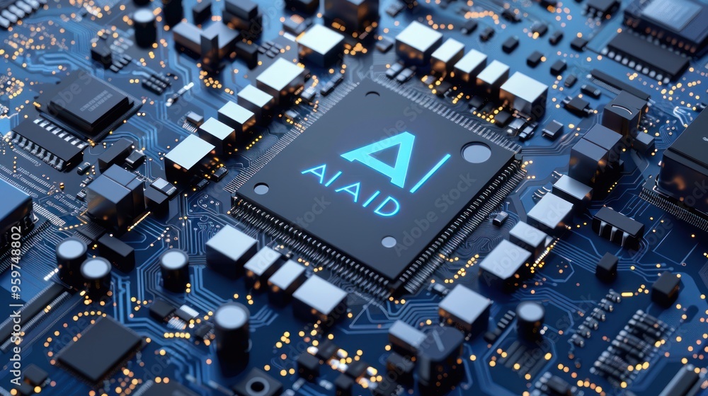 Technology Blue CPU computer microchips with "AI" in the center top ...