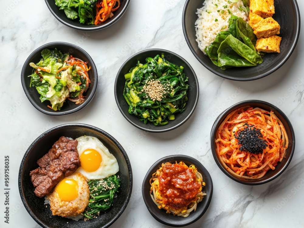 Korean foods served on a dining table with Tteokbokki,Pork,tofu and kimchi soup pot,Kimbap ...