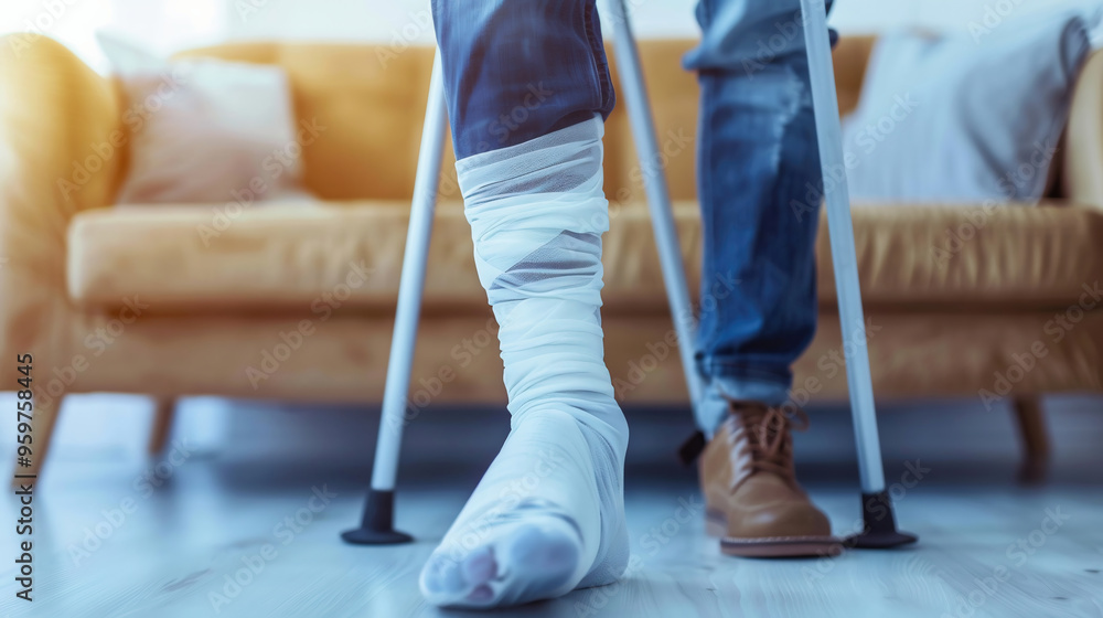 Broken leg or foot injury man walking on crutches with bandaged leg at ...