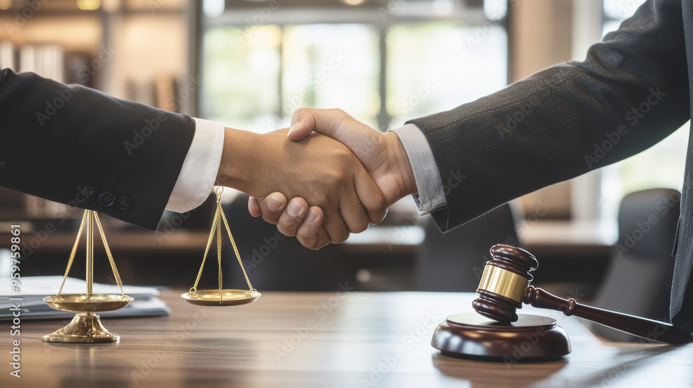 Two lawyers shake hands in a modern office, with scales of justice and ...